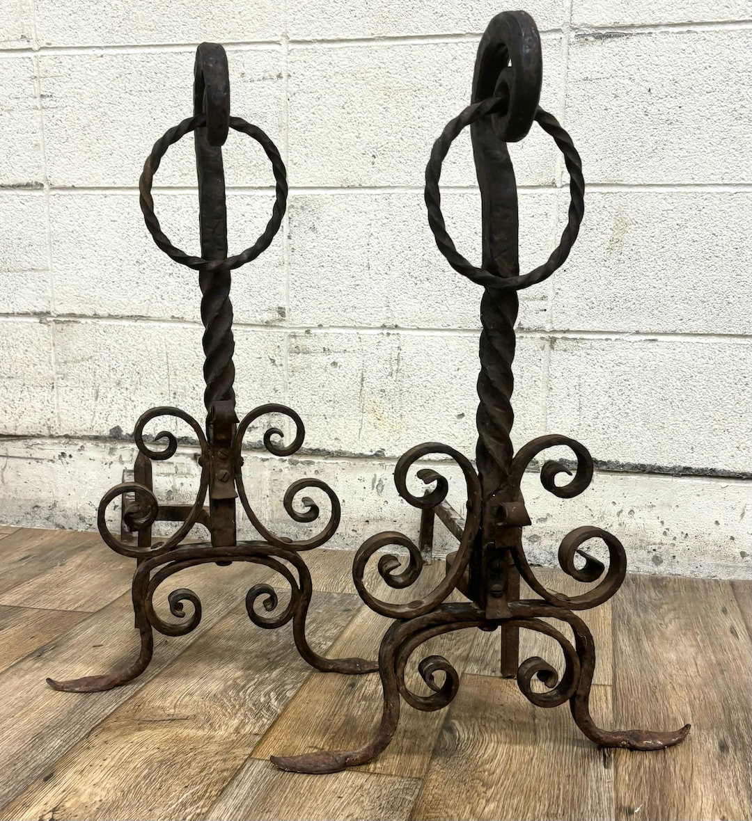 Vintage Hand Forged Scrolled Wrought Iron Fireplace Andirons Fire Dogs ...