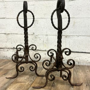 Vintage Hand Forged Scrolled Wrought Iron Fireplace Andirons Fire Dogs ...