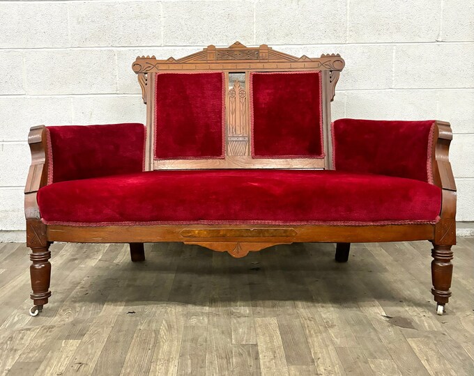 Antique 19th Century Victorian Eastlake Crushed Red Velvet Carved ...