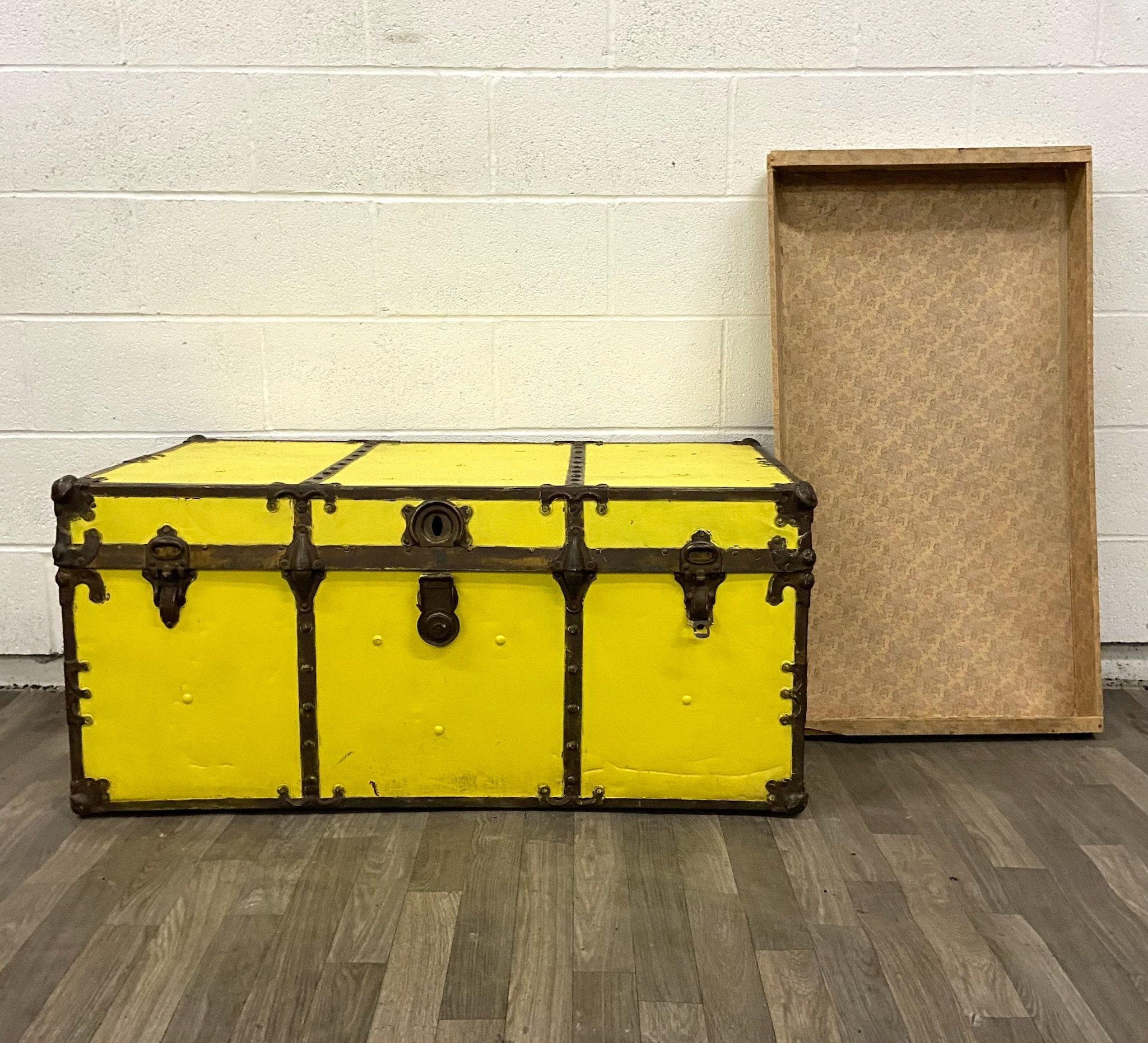 Antique Early 1900s Yellow Metal Flat Top Steamer Trunk With Removable ...