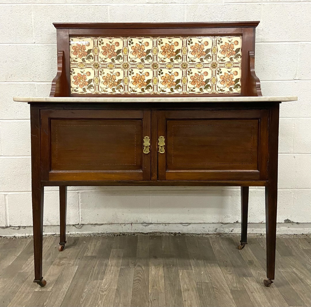 Antique Victorian or Edwardian Marble Top Tile Back Washstand Dry Sink ...