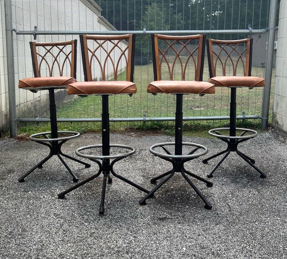 Vintage MCM Boho Rattan and Metal Orange Vinyl Swivel Bar Stools Set of 4 Etsy
