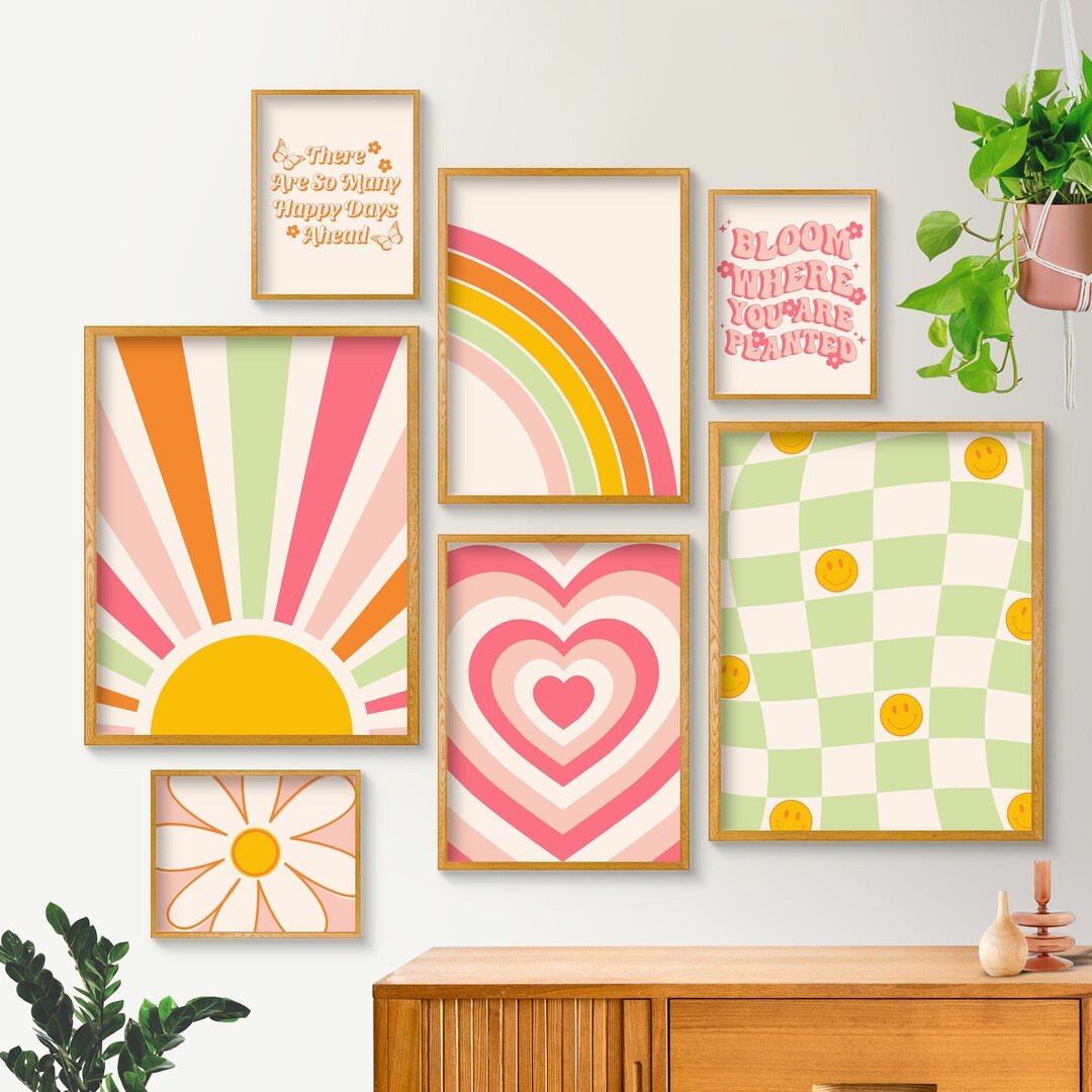 Retro Gallery Wall Set of 7, Preppy Room Decor, Smiley Face Print ...