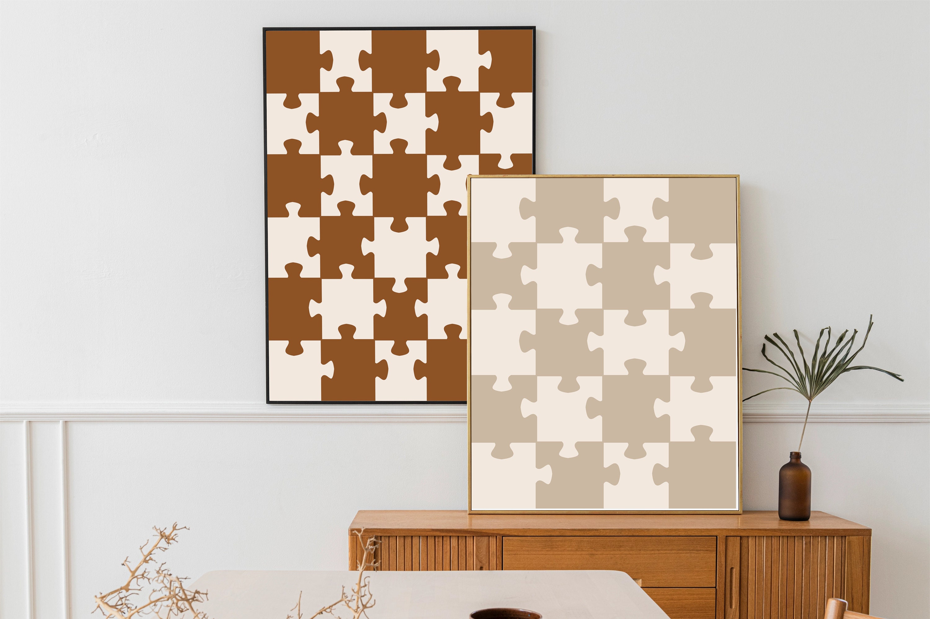 Neutral Puzzle Piece Wall Art Set of 2, Minimalist Art, Retro Decor ...