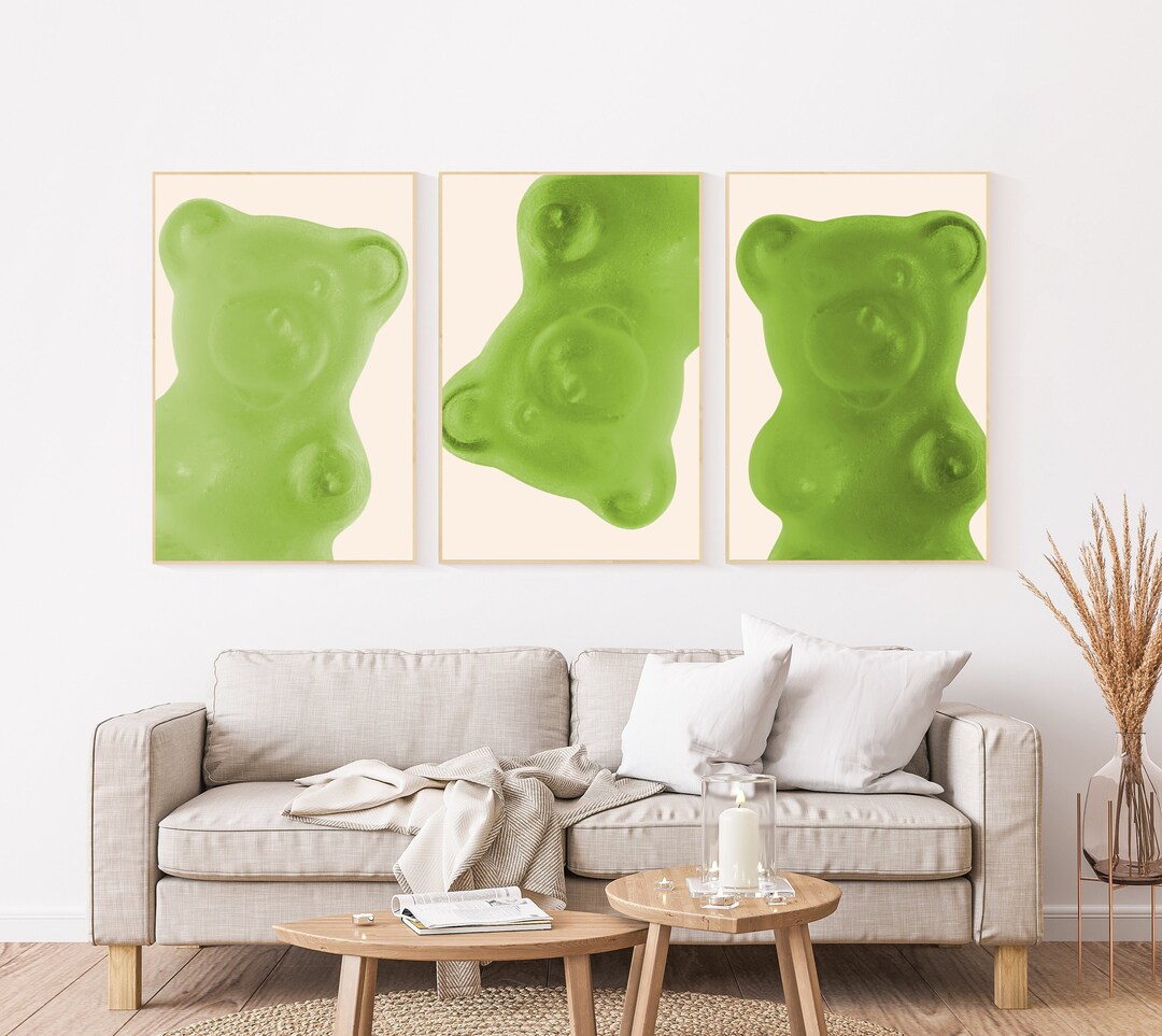 Gummy Bear Wall Art Set of 3, Preppy Green Room Decor, Cute Apartment ...