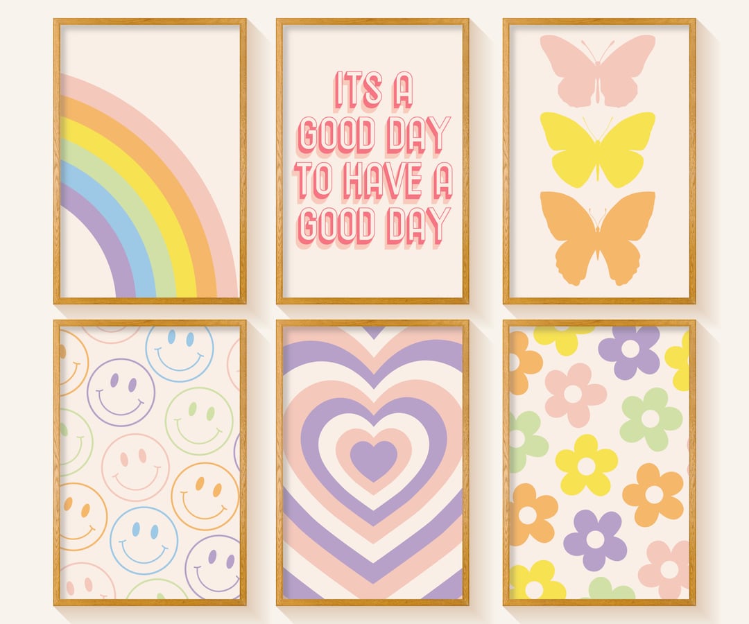 Cute Pastel Wall Art, Retro Wall Art Set of 6, Rainbow Decor, Classroom ...
