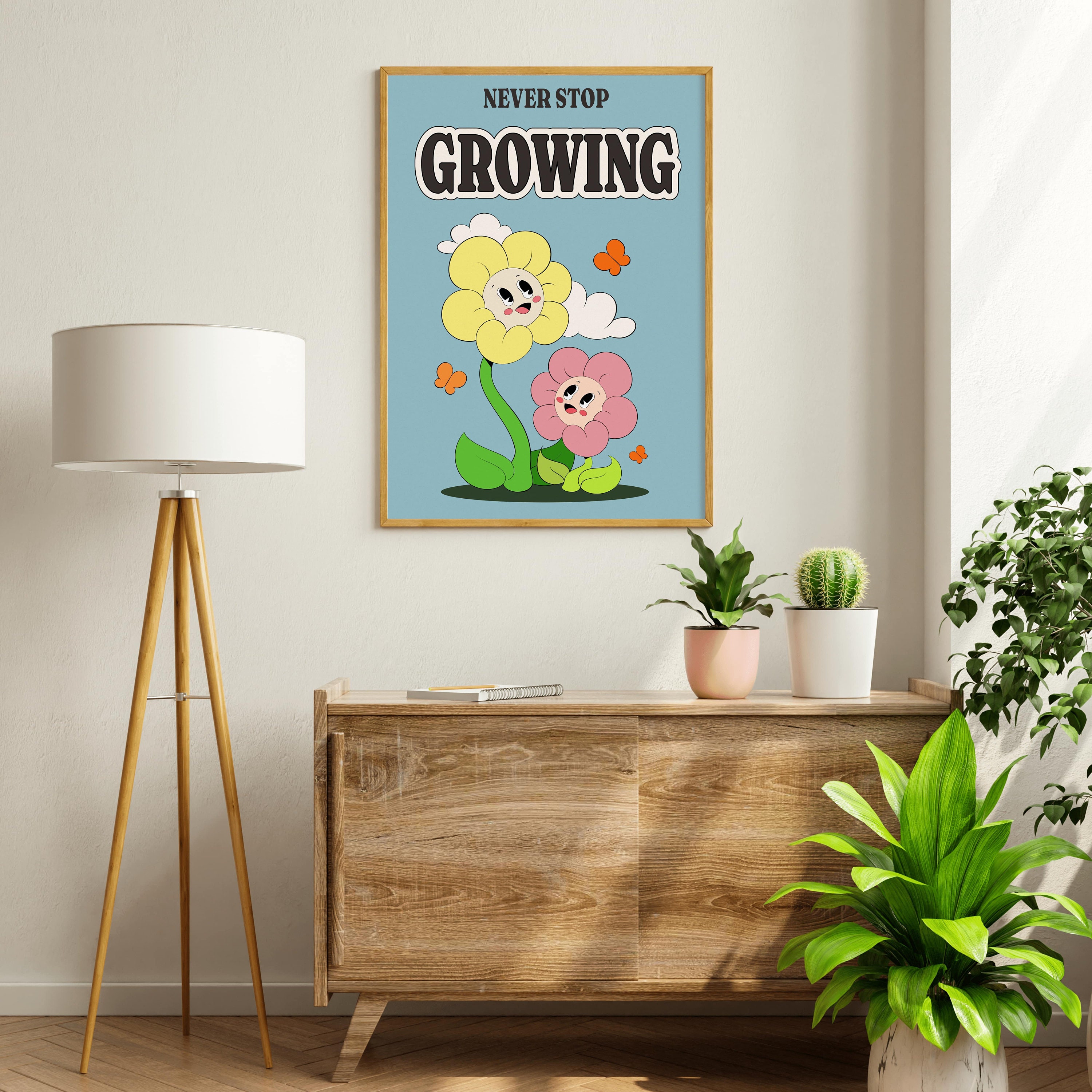 Retro Wall Art, Never Stop Growing, Typography Print, Affirmation Wall ...