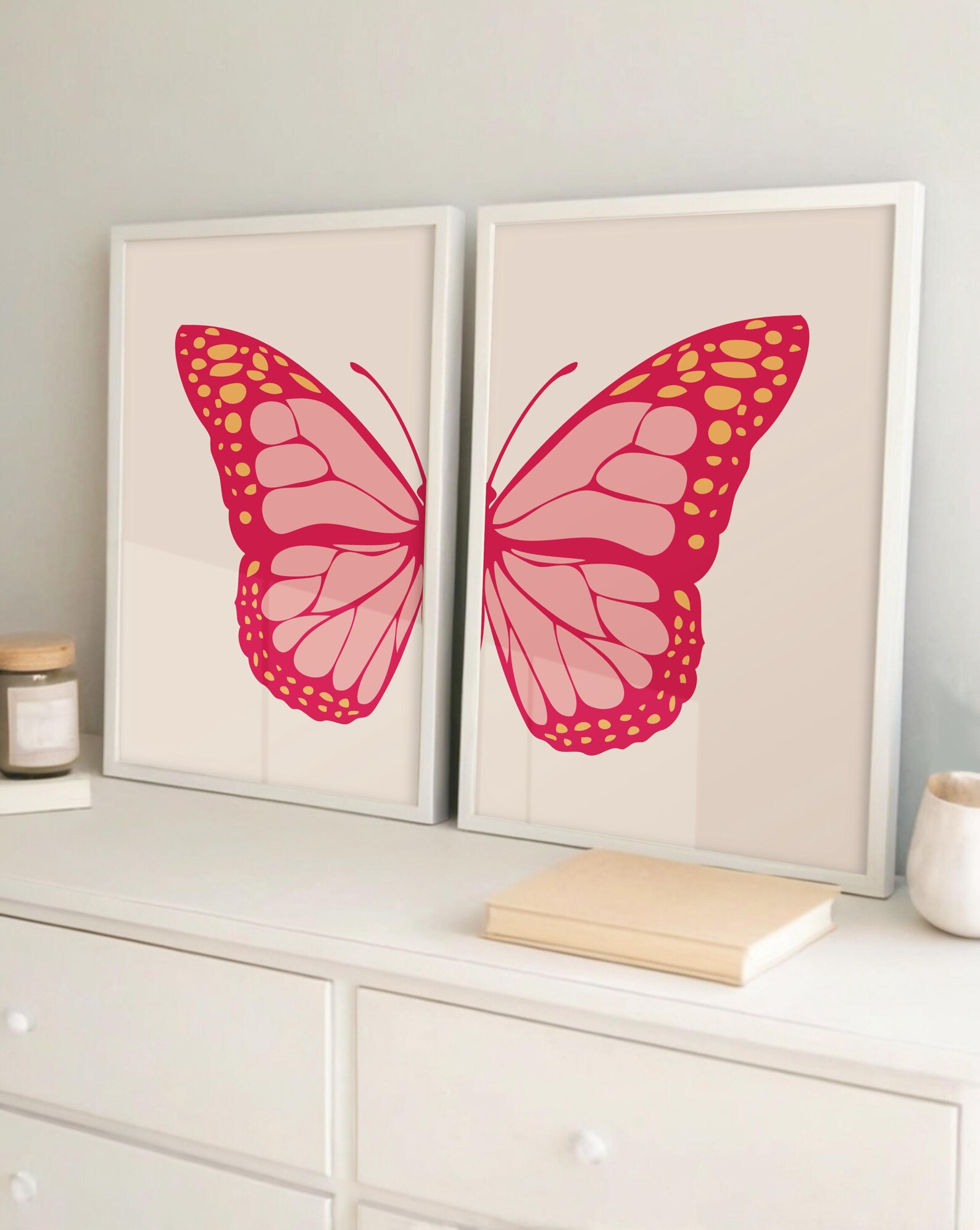 Pink Butterfly Wall Art Set of 2, Preppy Wall Art, Aesthetic Room Decor ...