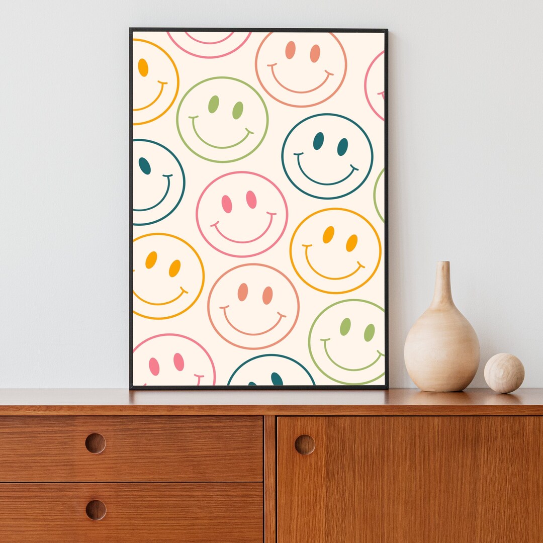 Smiley Face Wall Art, Retro Print, Funky Wall Art, Groovy Decor, Cute ...