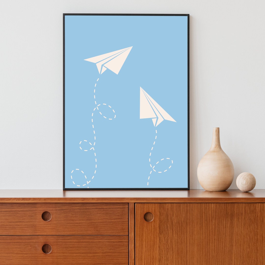Paper Plane Print, Blue Wall Art, Aesthetic Room Decor, Minimalist Wall ...