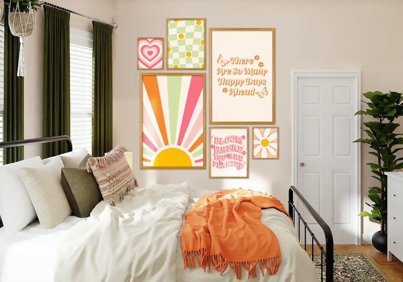 Retro Gallery Wall Set of 7, Preppy Room Decor, Smiley Face Print ...