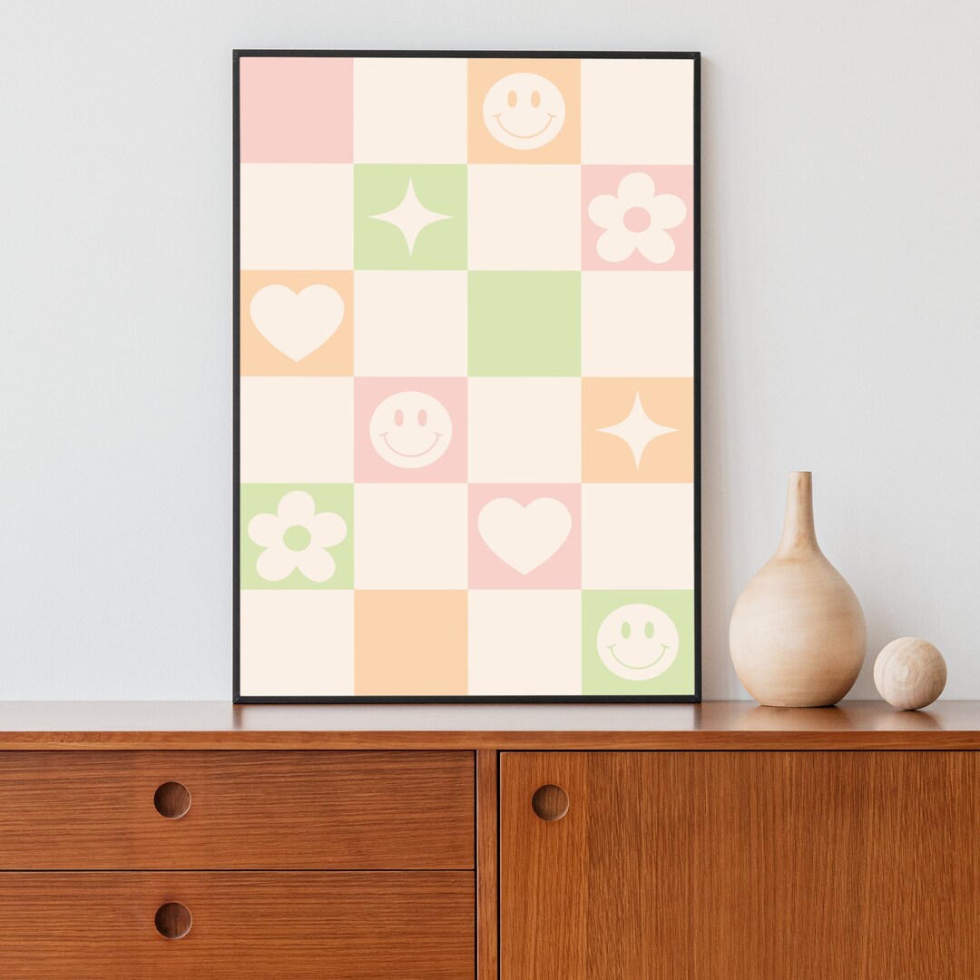 Retro Wall Art, Danish Pastel Decor, Groovy Wall Art, Checkered Decor ...