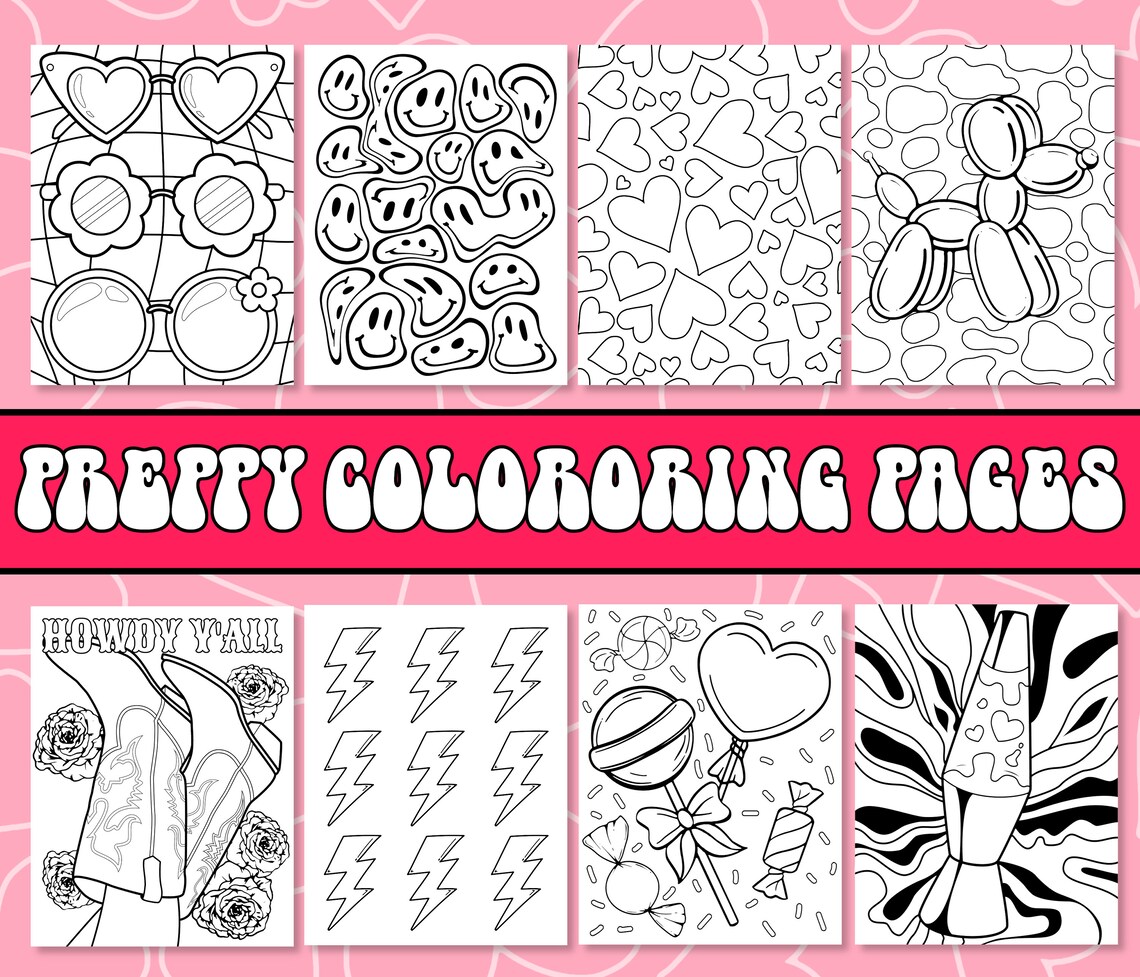 Preppy Coloring Pages, Groovy Digital Coloring Book, Retro Aesthetic ...