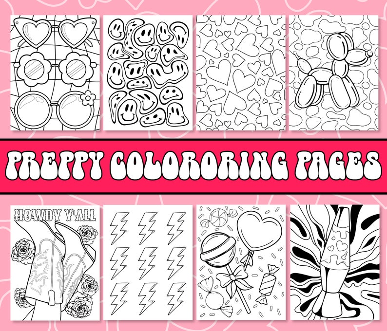 Preppy Coloring Pages, Groovy Digital Coloring Book, Retro Aesthetic ...