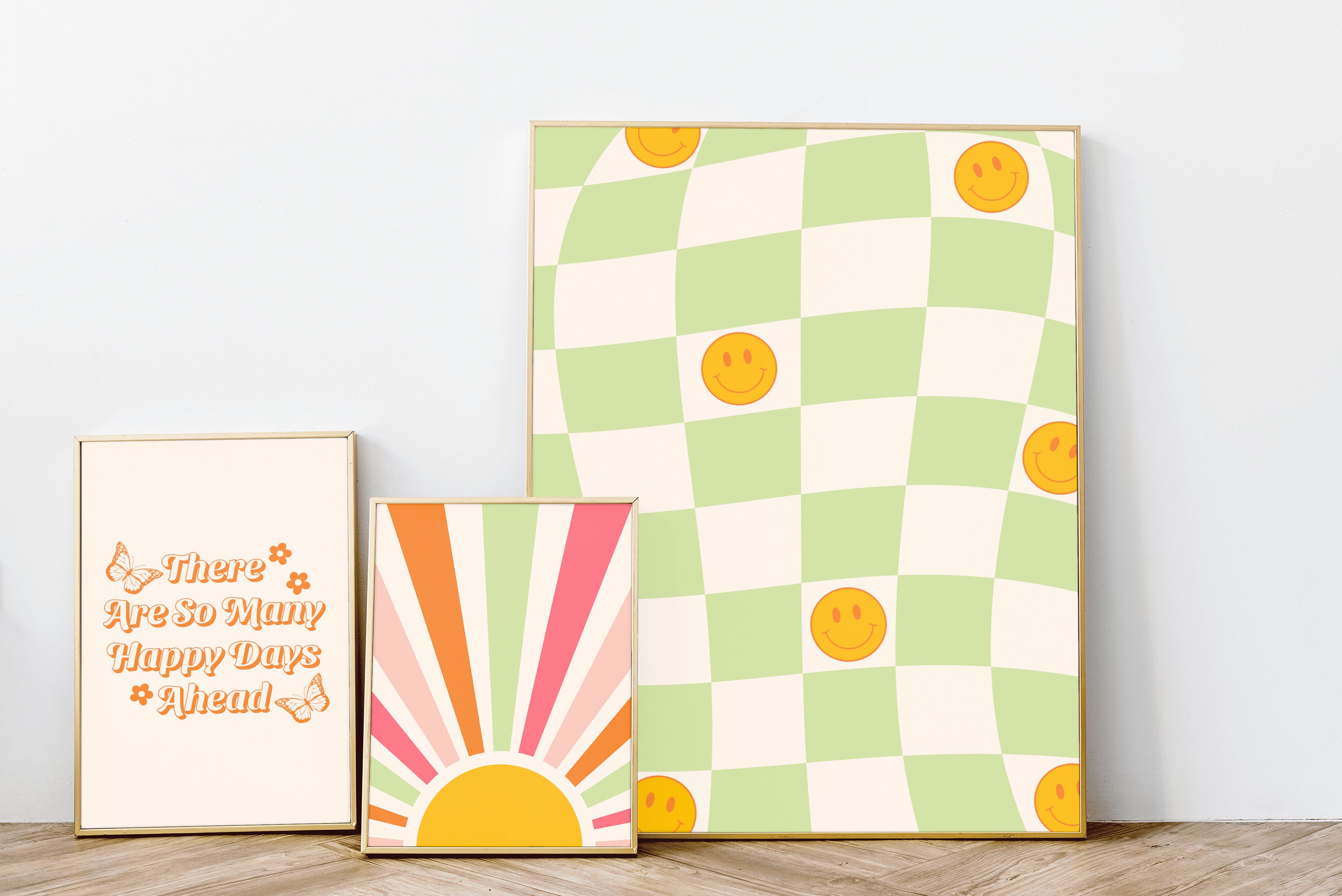 Retro Gallery Wall Set of 7, Preppy Room Decor, Smiley Face Print ...