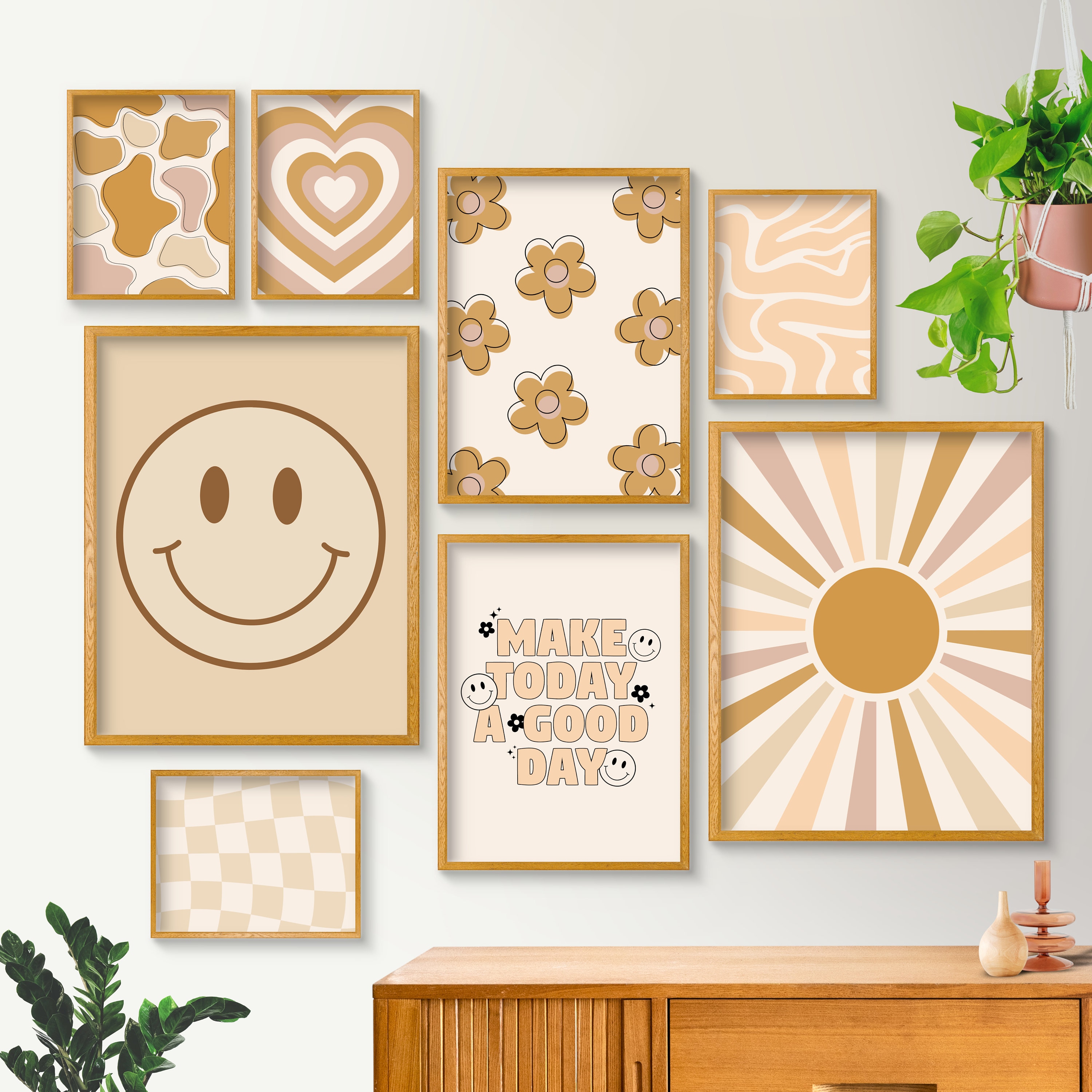Retro Wall Art Set of 9, Neutral Wall Art Set, Groovy Wall Art, Preppy ...