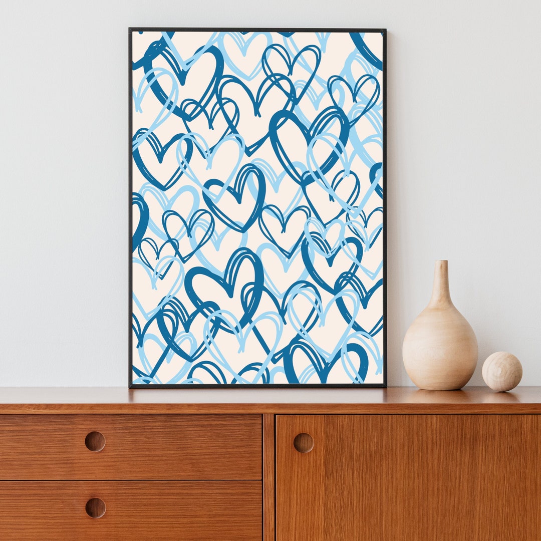 Preppy Blue Hearts Wall Art, Abstract Heart Print, Y2K Aesthetic Decor ...