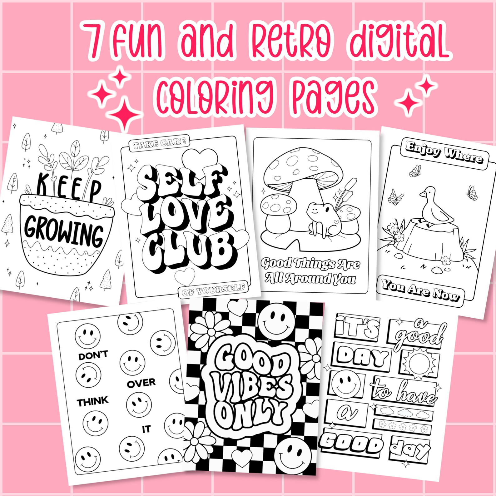 Retro Coloring Pages, Groovy Digital Coloring Book, Inspirational ...