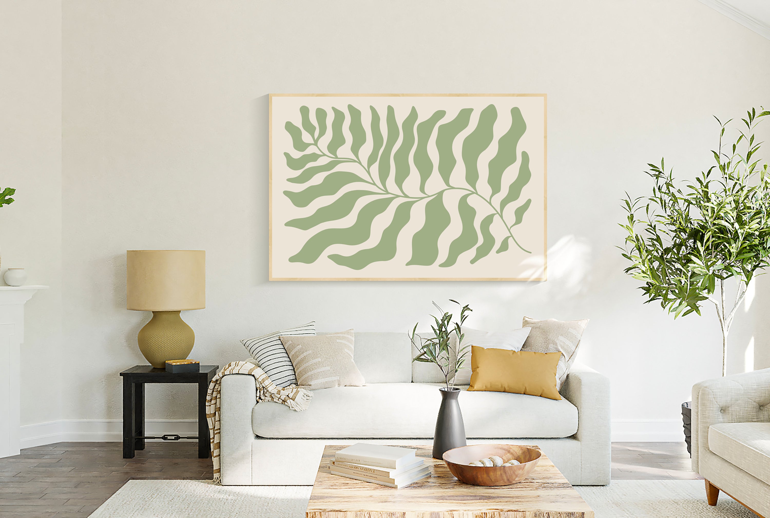 Sage Green Botanical Print, Horizontal Abstract Wall Art, Boho ...