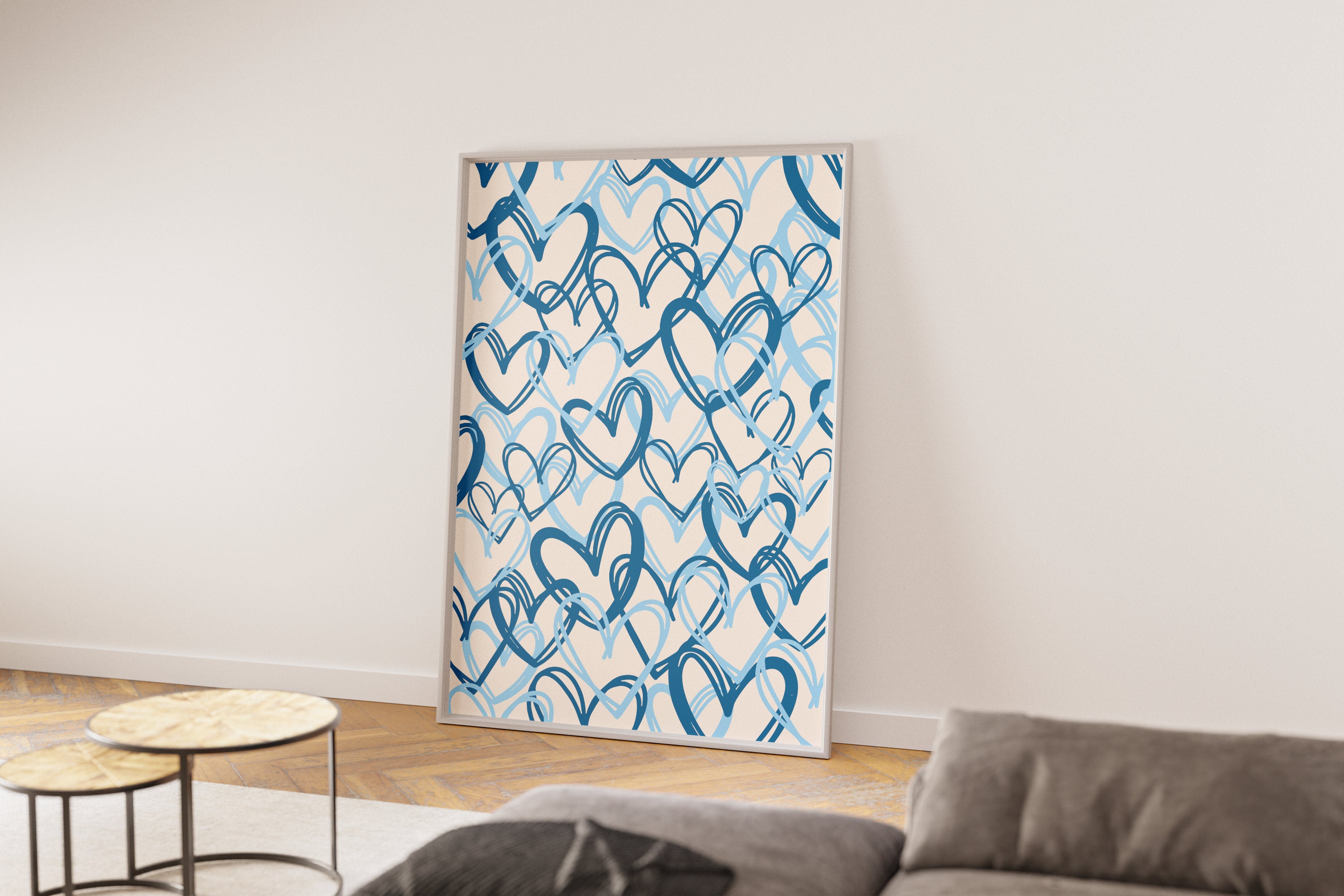 Preppy Blue Hearts Wall Art, Abstract Heart Print, Y2K Aesthetic Decor ...