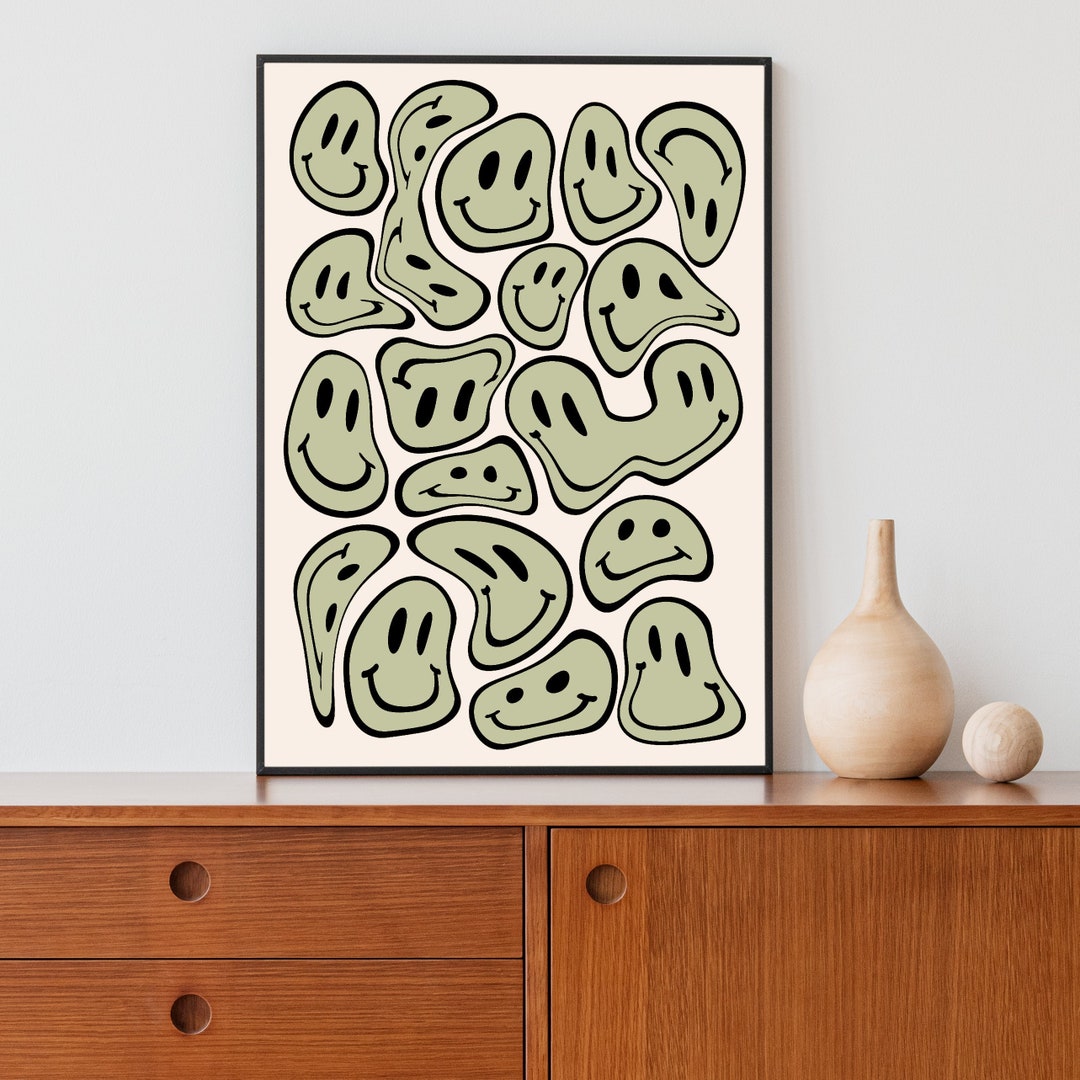 Smiley Face Wall Art, Indie Room Decor, Sage Green Wall Art, Preppy ...