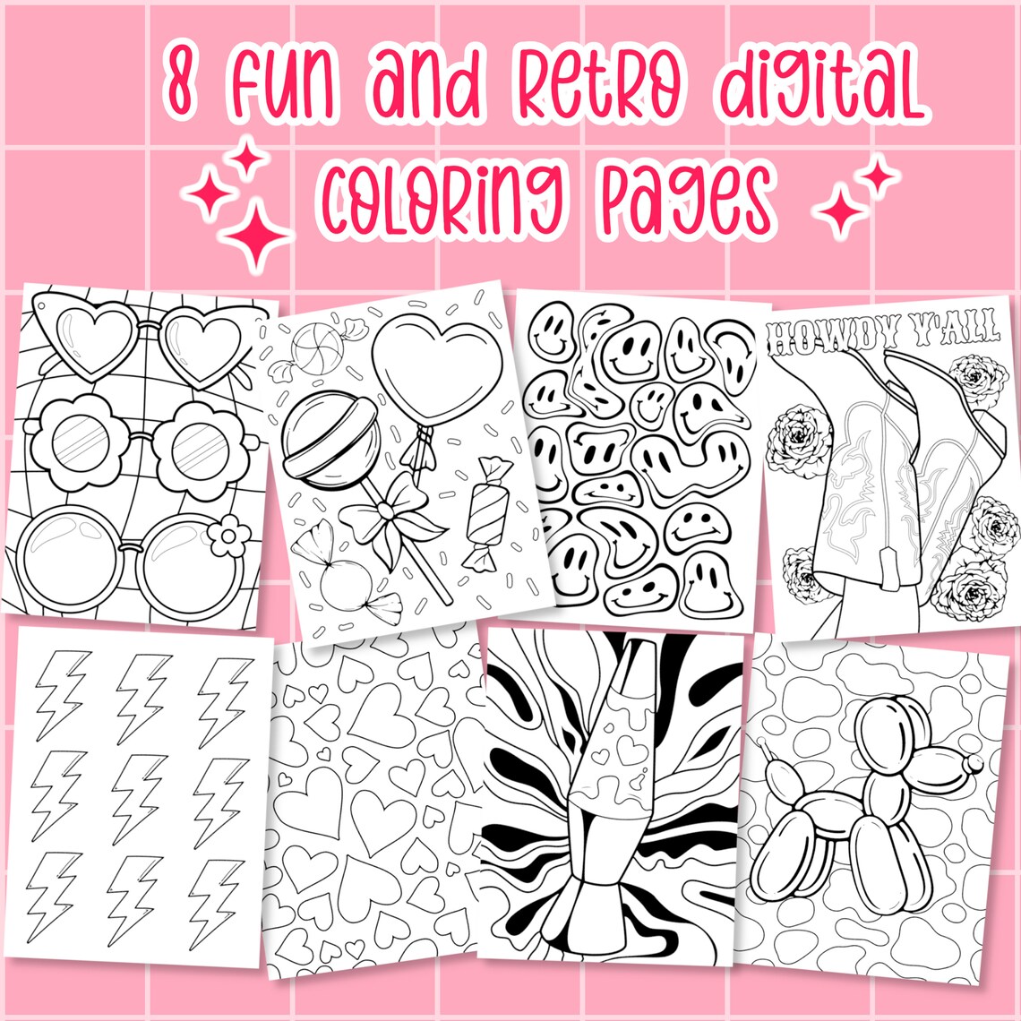 Preppy Coloring Pages, Groovy Digital Coloring Book, Retro Aesthetic ...