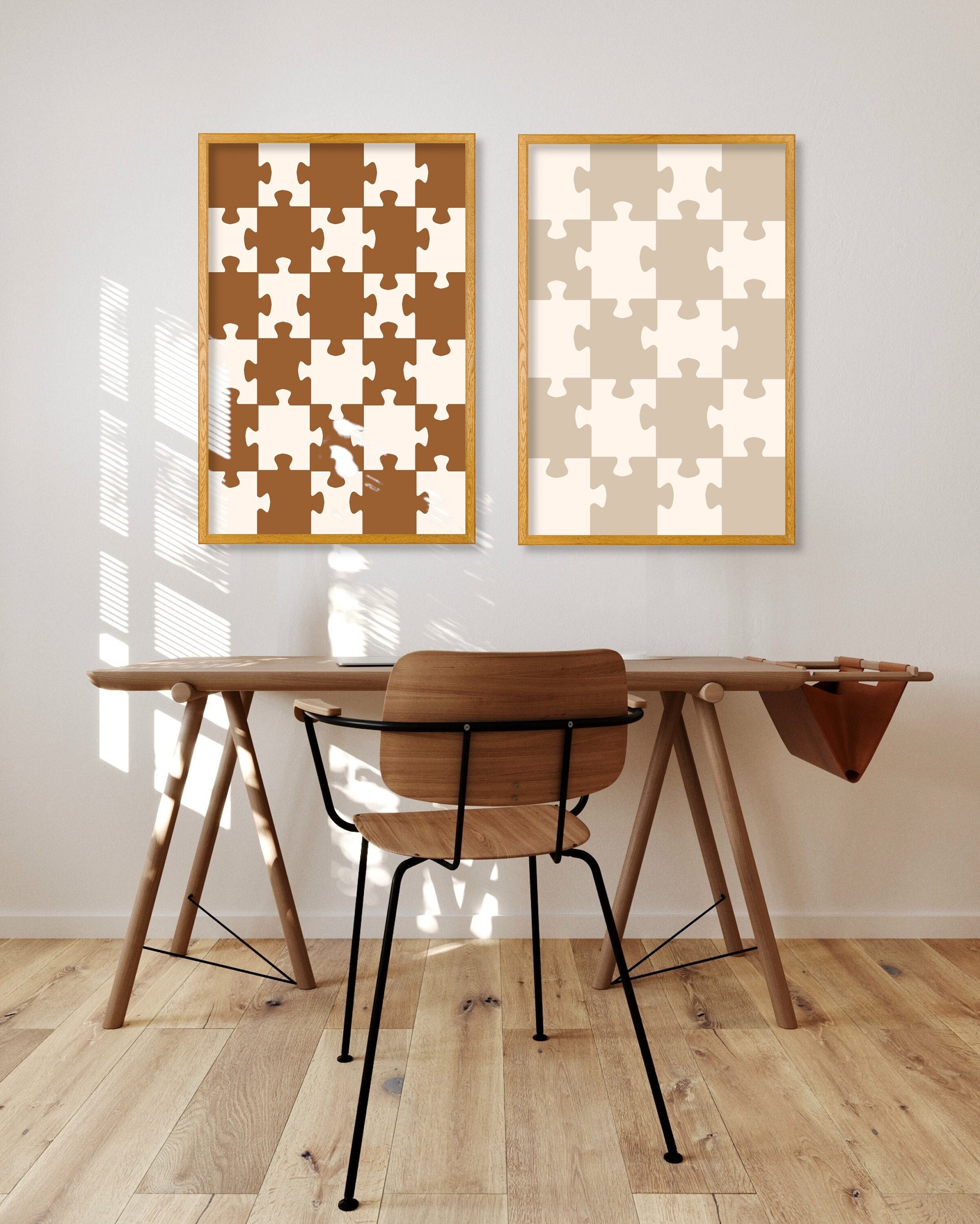 Neutral Puzzle Piece Wall Art Set of 2, Minimalist Art, Retro Decor ...
