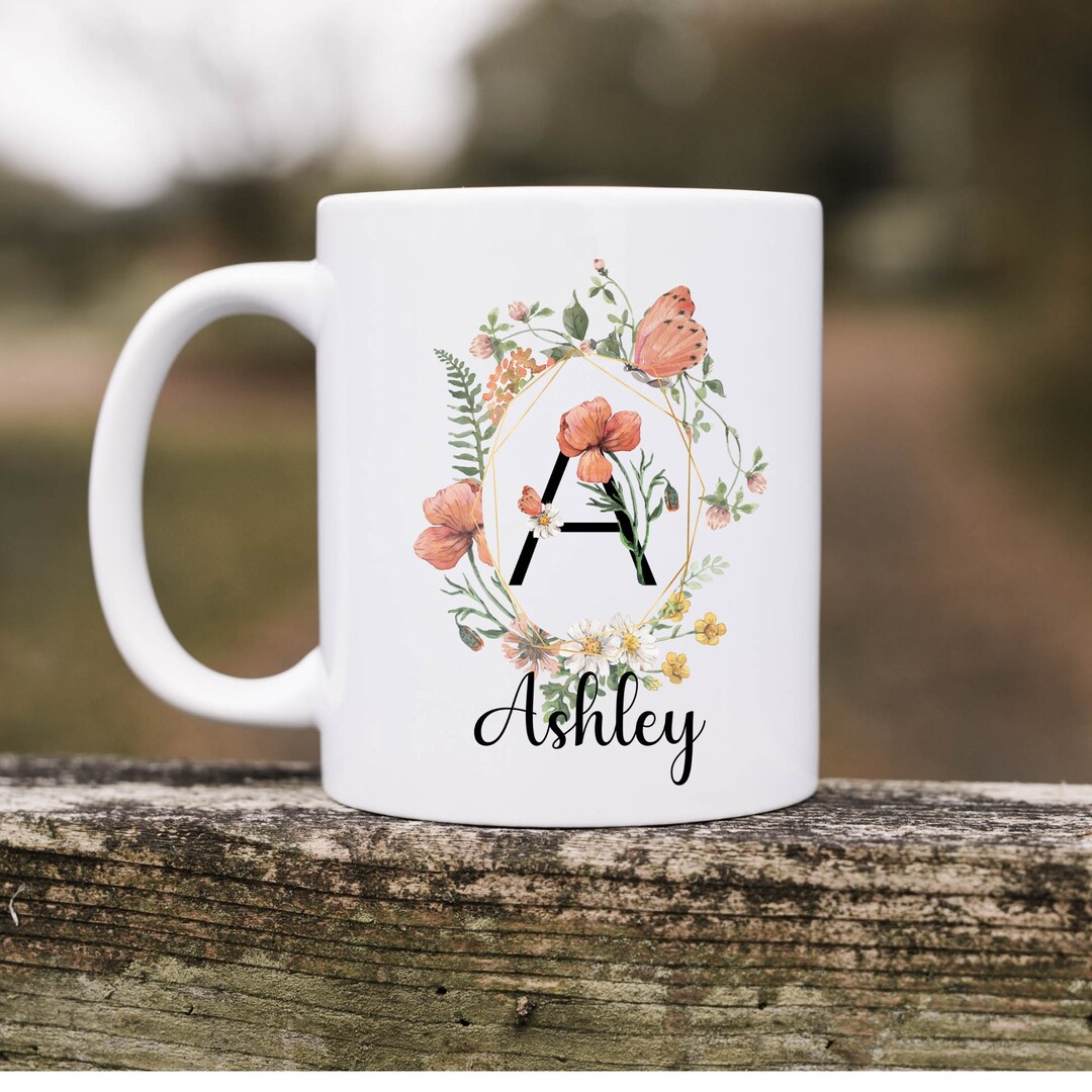 Personalized Name & Initial Letter Monogram Floral Alphabet Mug ...