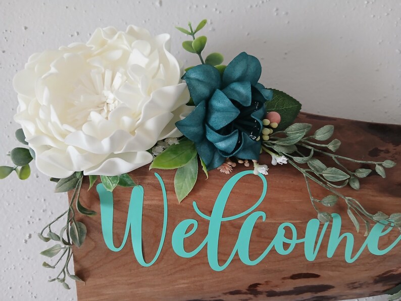 Welcome Teal and White Peony Floral Wood Sign - Etsy