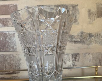 VINTAGE LARGE CLEAR Crystal Flower Vase Etched 12 1/2 Antique ...