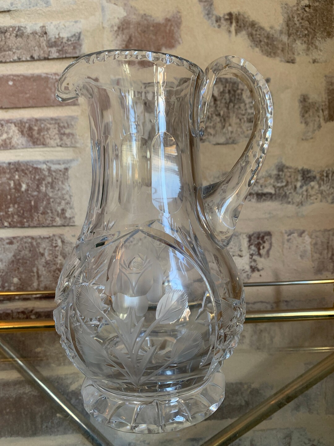 Vintage Crystal Etched Pitcher - Etsy