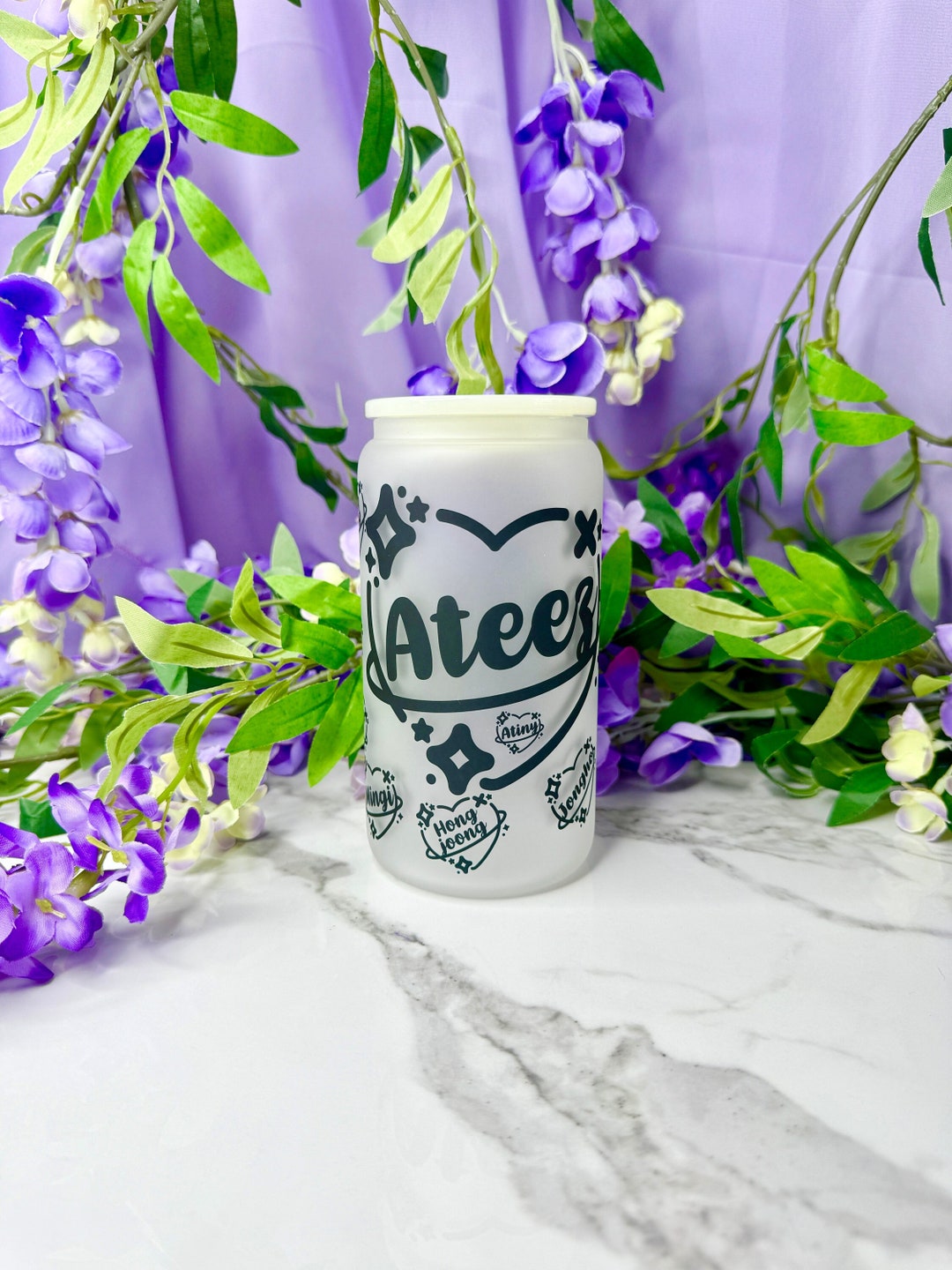 Ateez Frosted Glass Tumbler Cold Ice Coffee Bamboo Lid Glass Straw kpop ...