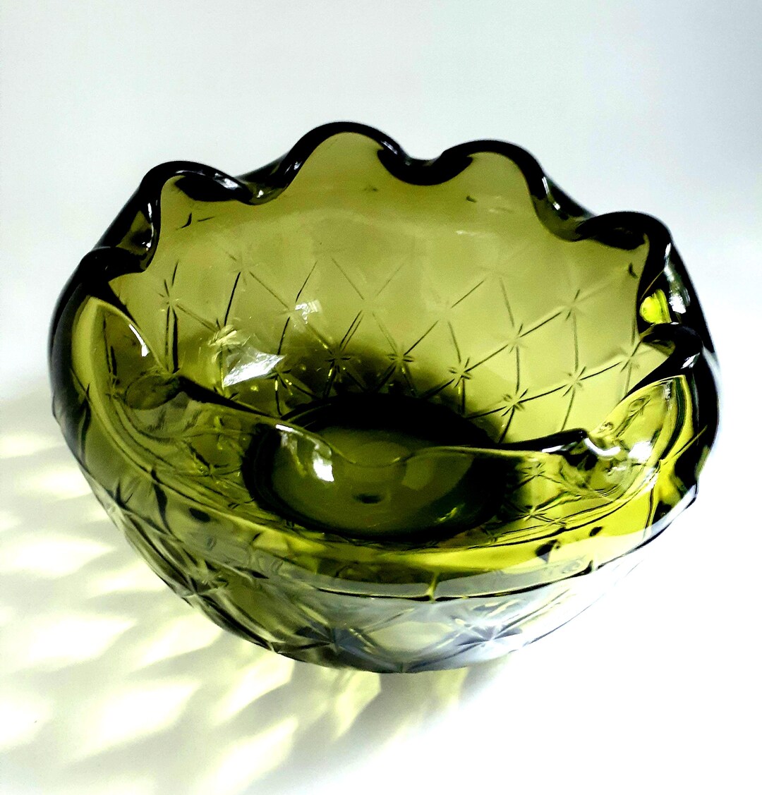 Small Green Bowl by Indiana Glass, Diamond & Cross Cut, Scalloped Top ...