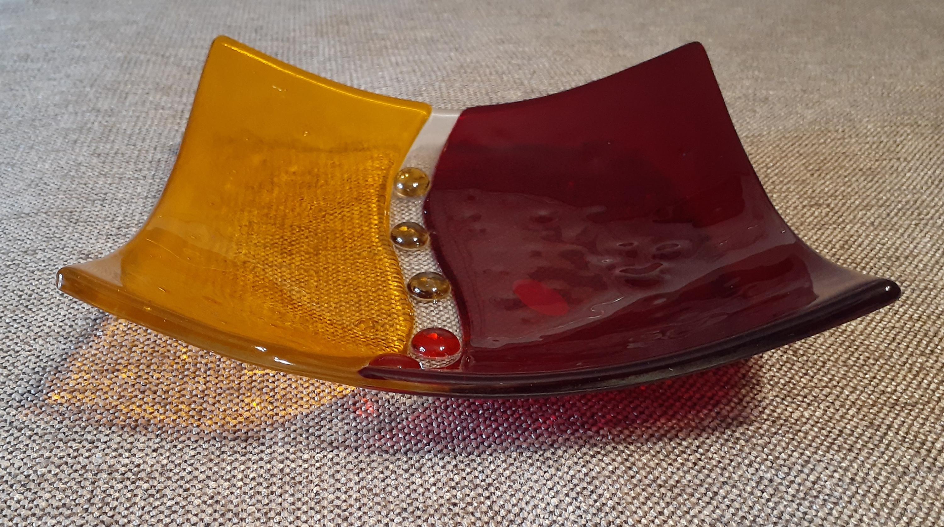 Unique Square Glass Plate With Upturned Corners, Transparent Red & Gold ...