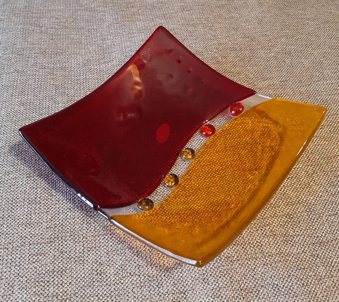 Unique Square Glass Plate With Upturned Corners, Transparent Red & Gold ...