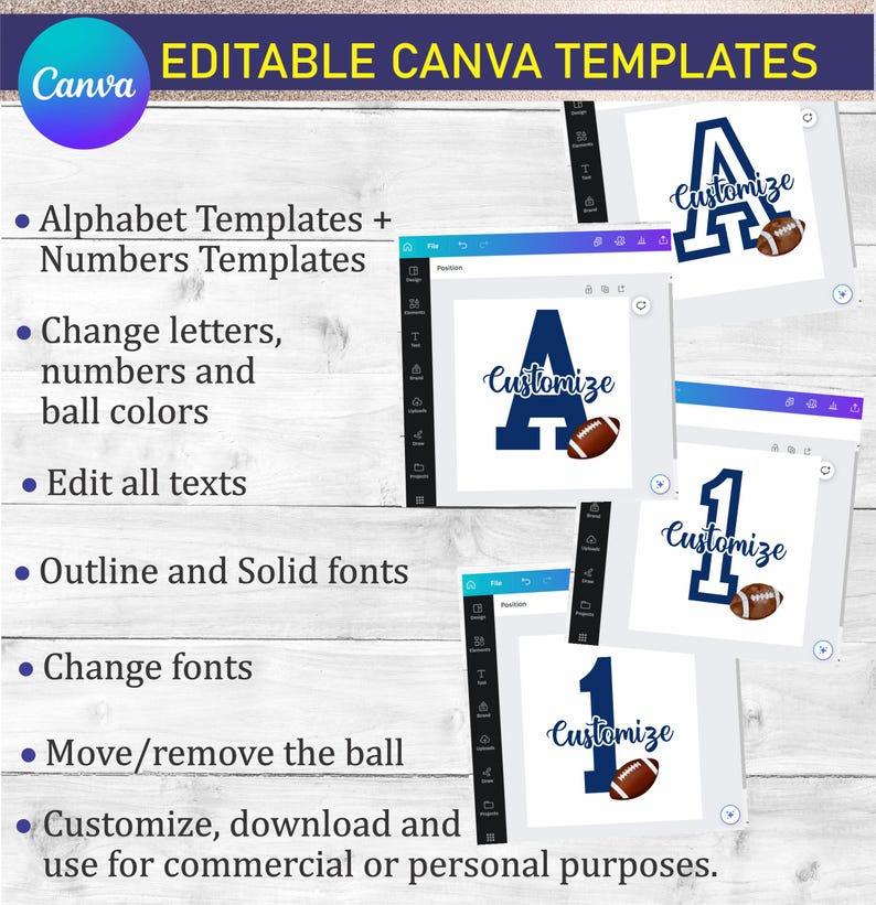 Editable Alphabet and Shirt Numbers Football, Custom Monogram Football ...