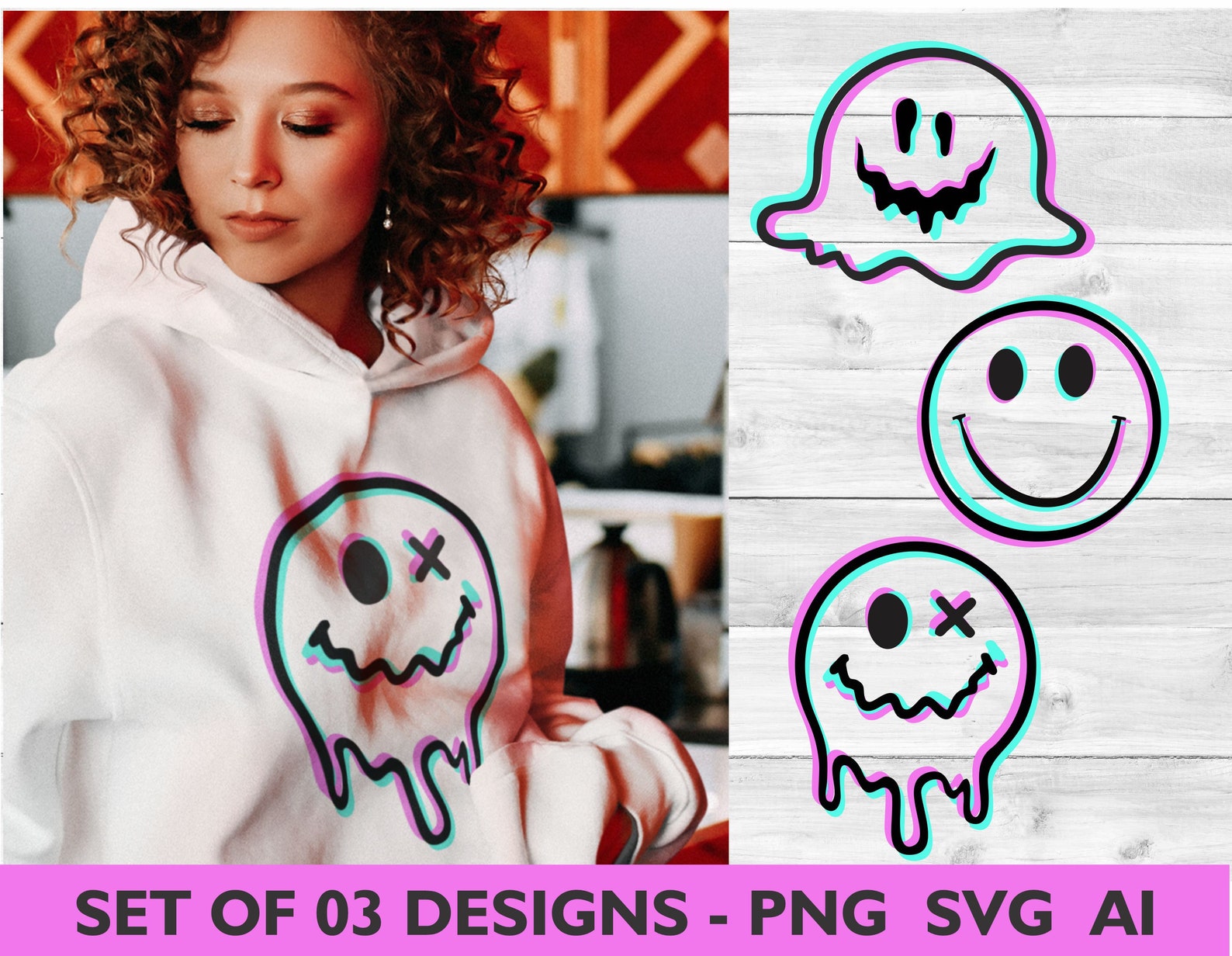 Smiley Face SVG Bundle of 03 Designs Groovy Glitch Style - Etsy