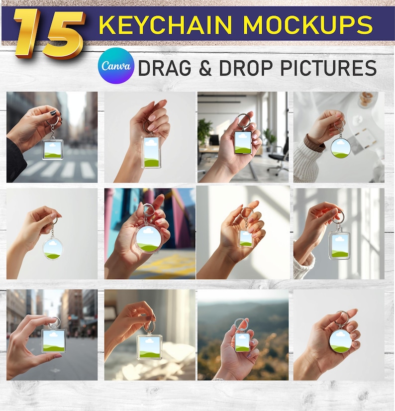 Keychain Mockup Templates Bundle, Set of 15 Realistic Mockups, Canva ...