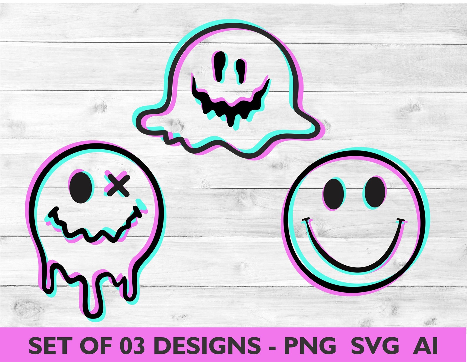 Smiley Face SVG Bundle of 03 Designs Groovy Glitch Style - Etsy