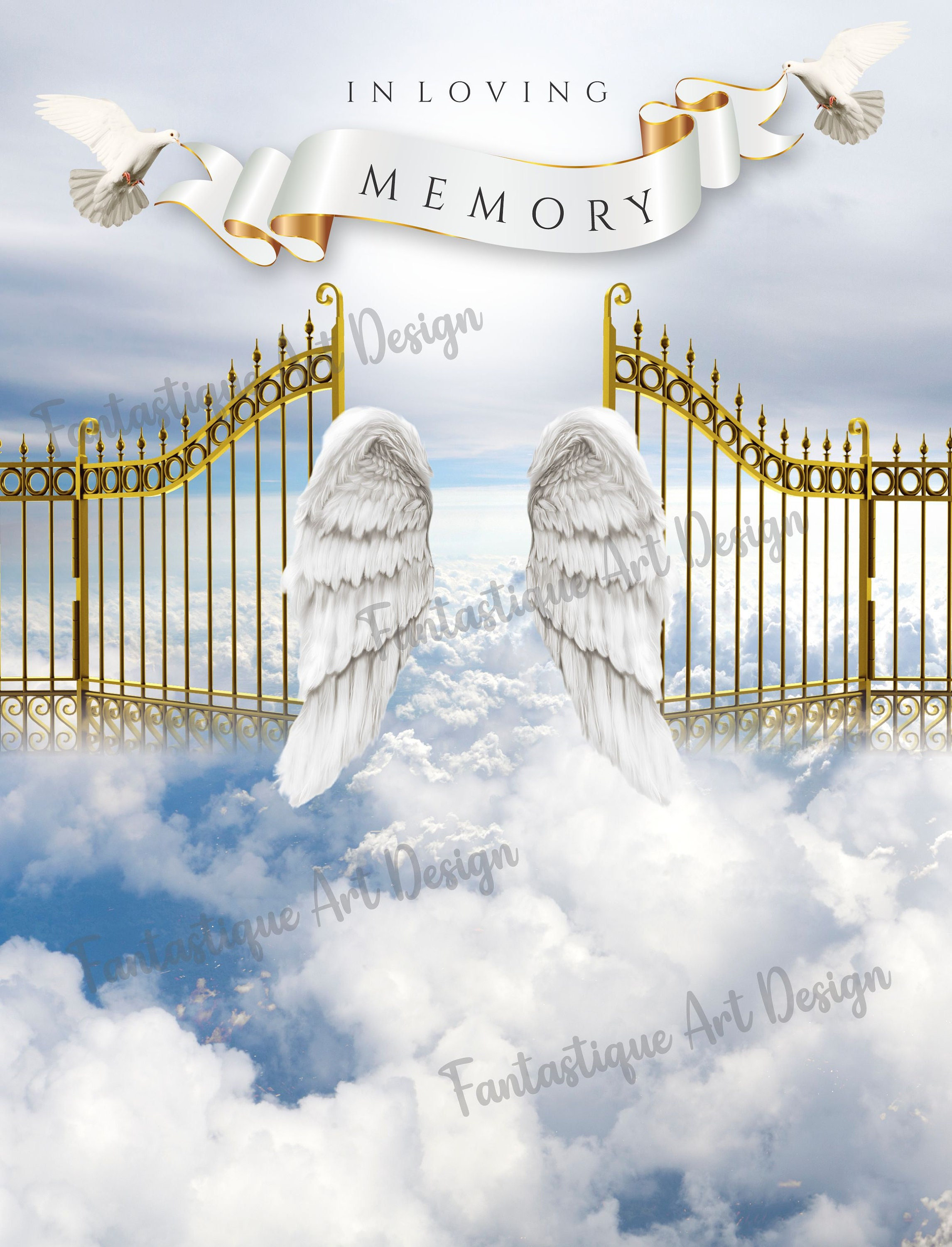 Blue in Loving Memory Background, Gold Heavens Gate PNG | Rest in Peace ...