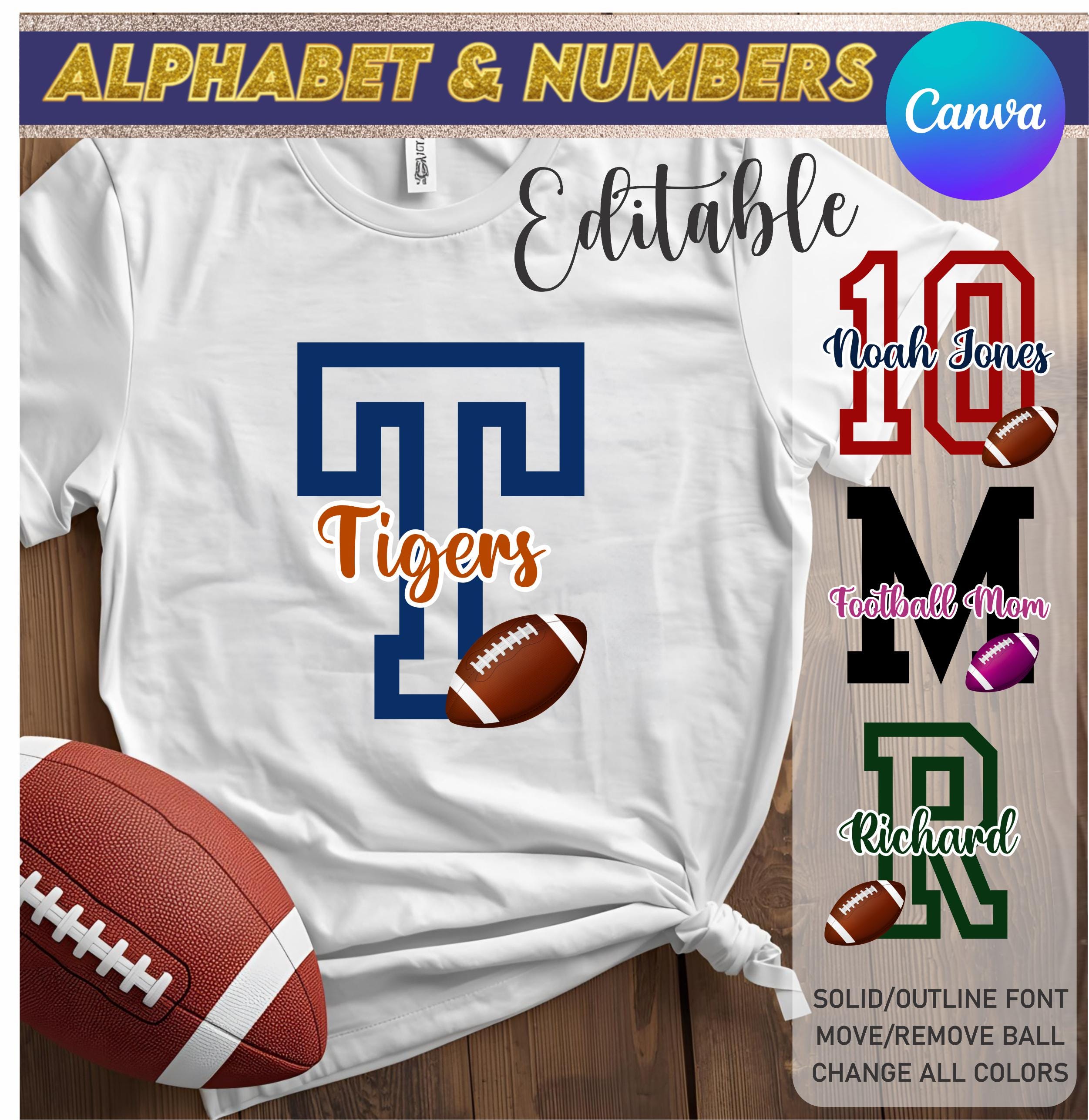 Editable Alphabet and Shirt Numbers Football, Custom Monogram Football ...