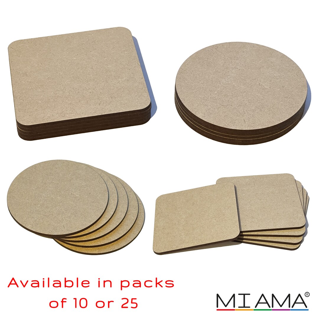 MIAMA 10/25pk Wooden 3mm MDF Plain Coaster 10cm Craft Blanks Square ...