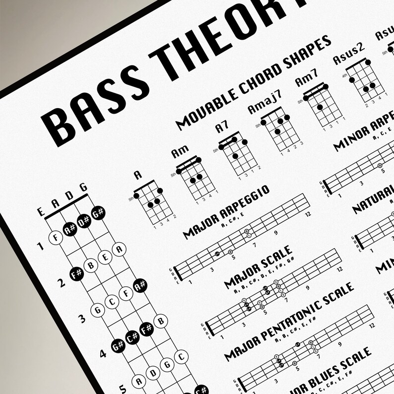 Bass Guitar Theory Poster, Bass Chord Chart, Fret Notes, Circle of ...