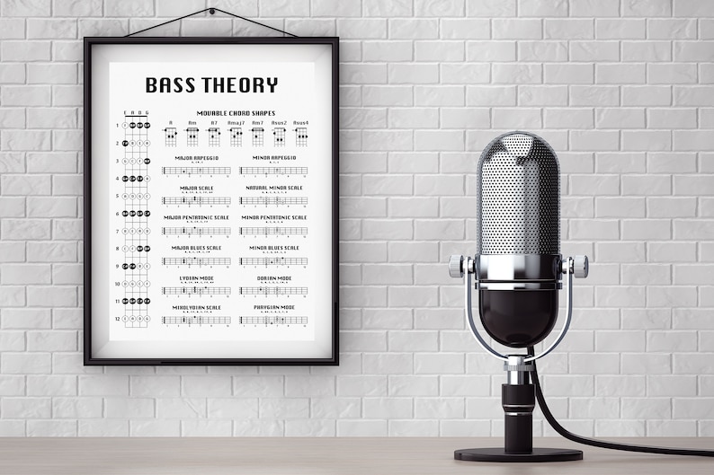 Bass Guitar Theory Poster, Bass Chord Chart, Fret Notes, Bass Modes ...