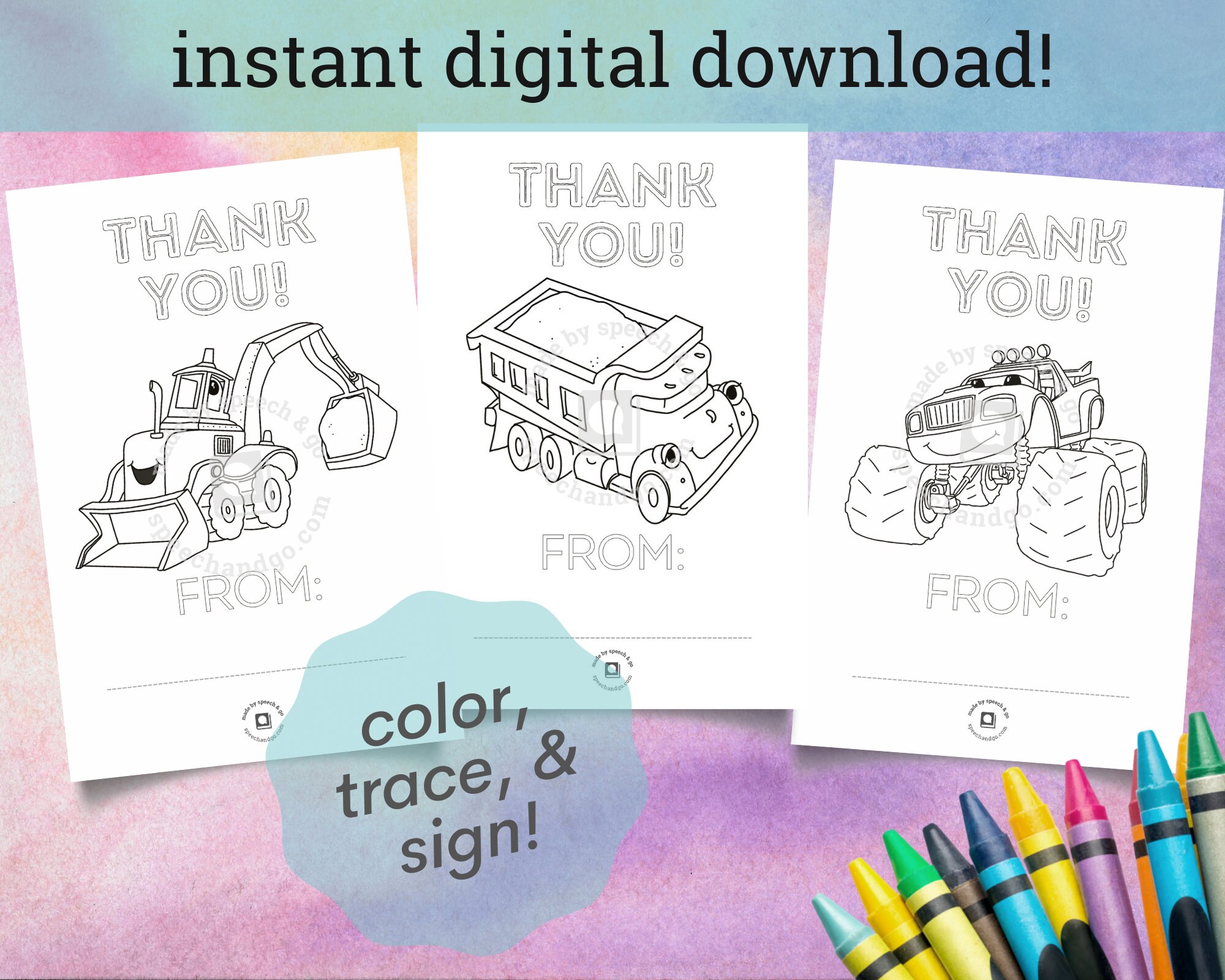 Printable Children's Thank You Cards Set of 3 Construction Vehicles ...