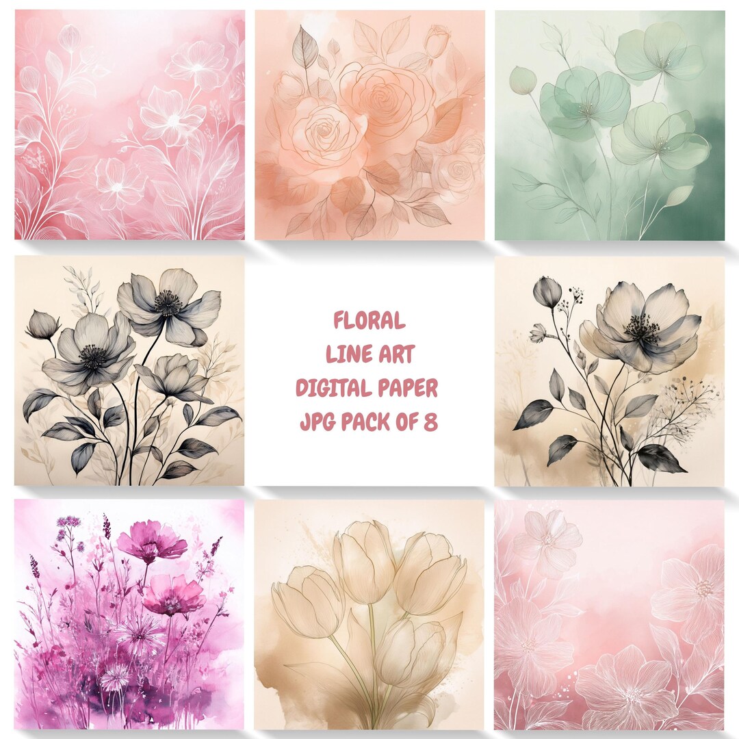 Minimal Floral Line Art Digital Paper – 8 Elegant Pastel Botanical ...
