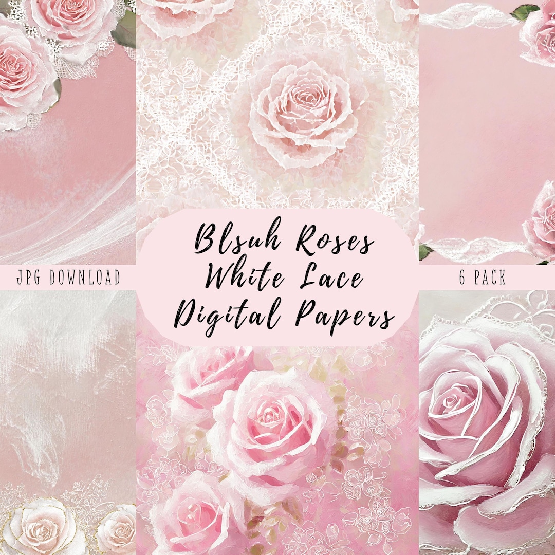 Blush Pink Roses and White Lace Digital Paper, 6 Paint Textured ...