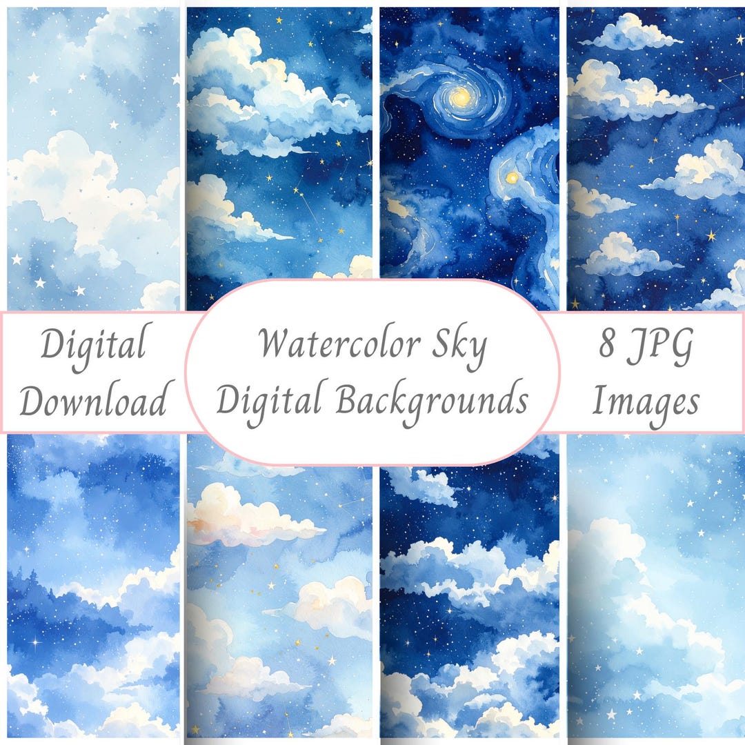 Shades of Blue Watercolor Starry Sky Digital Paper Pack 8 Seamless ...