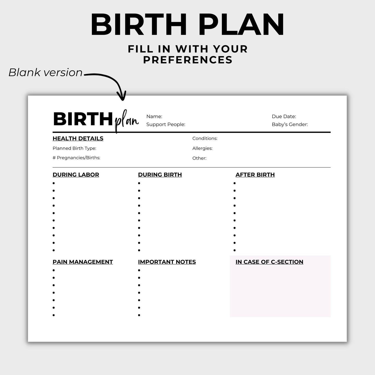 Birth Plan Template Editable | Printable PDF Birthing Plan | Canva ...