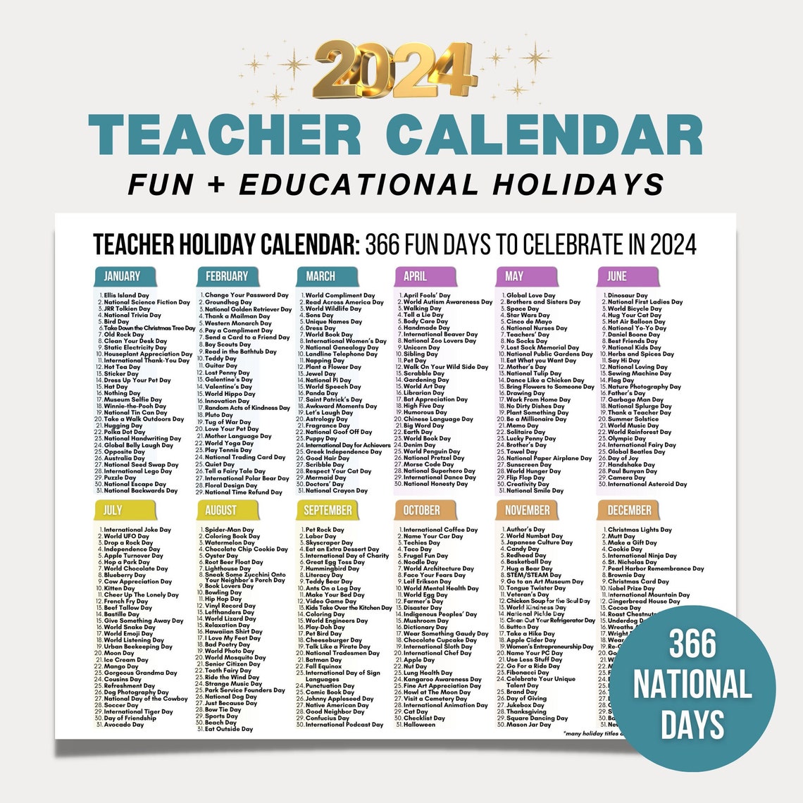 Teacher National Days Calendar Printable 2024 National Holidays ...